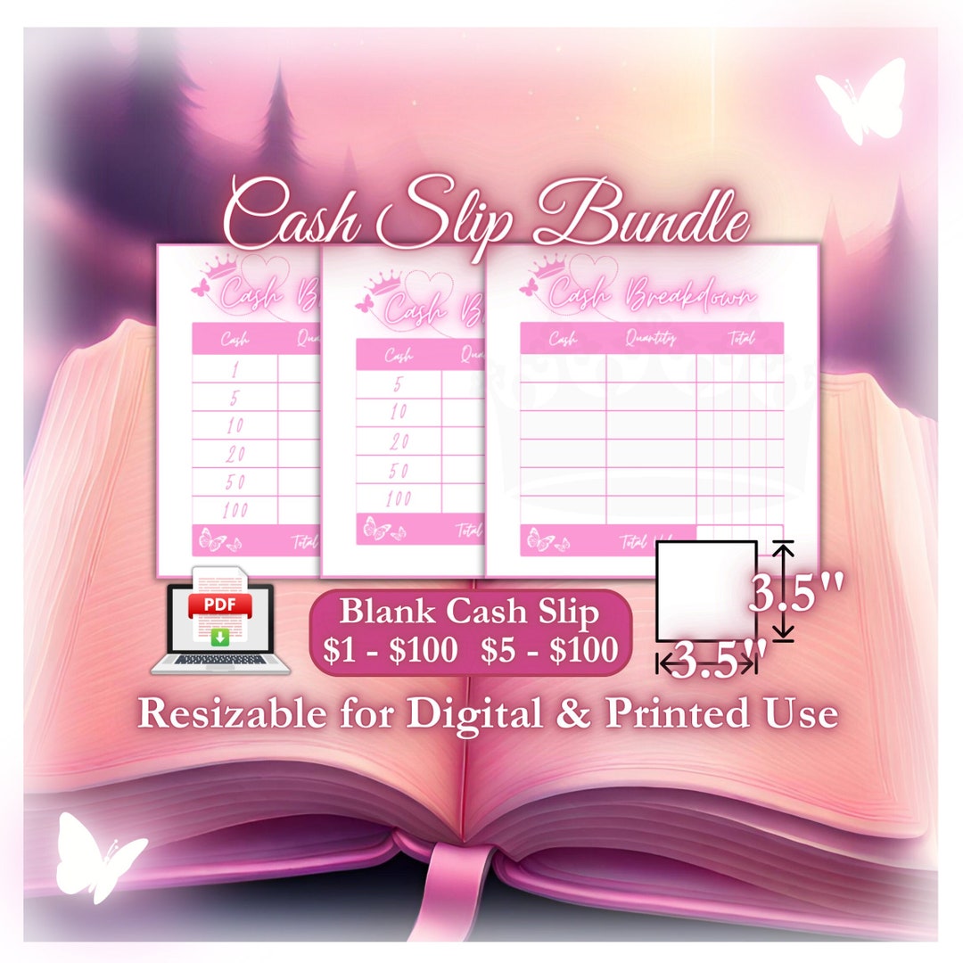 Butterfly Queen Pink Cash Breakdown Slip Set | Blank, USD, CAD, and All ...