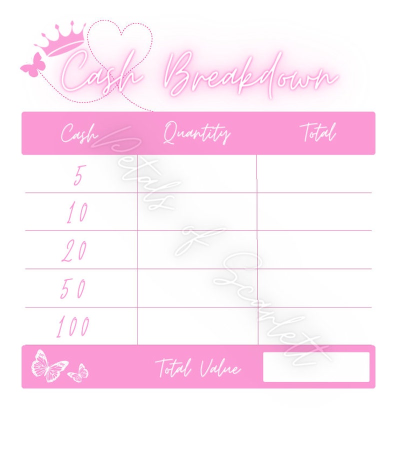 Butterfly Queen Pink Cash Breakdown Slip Bundle Cash Counting and Bank ...