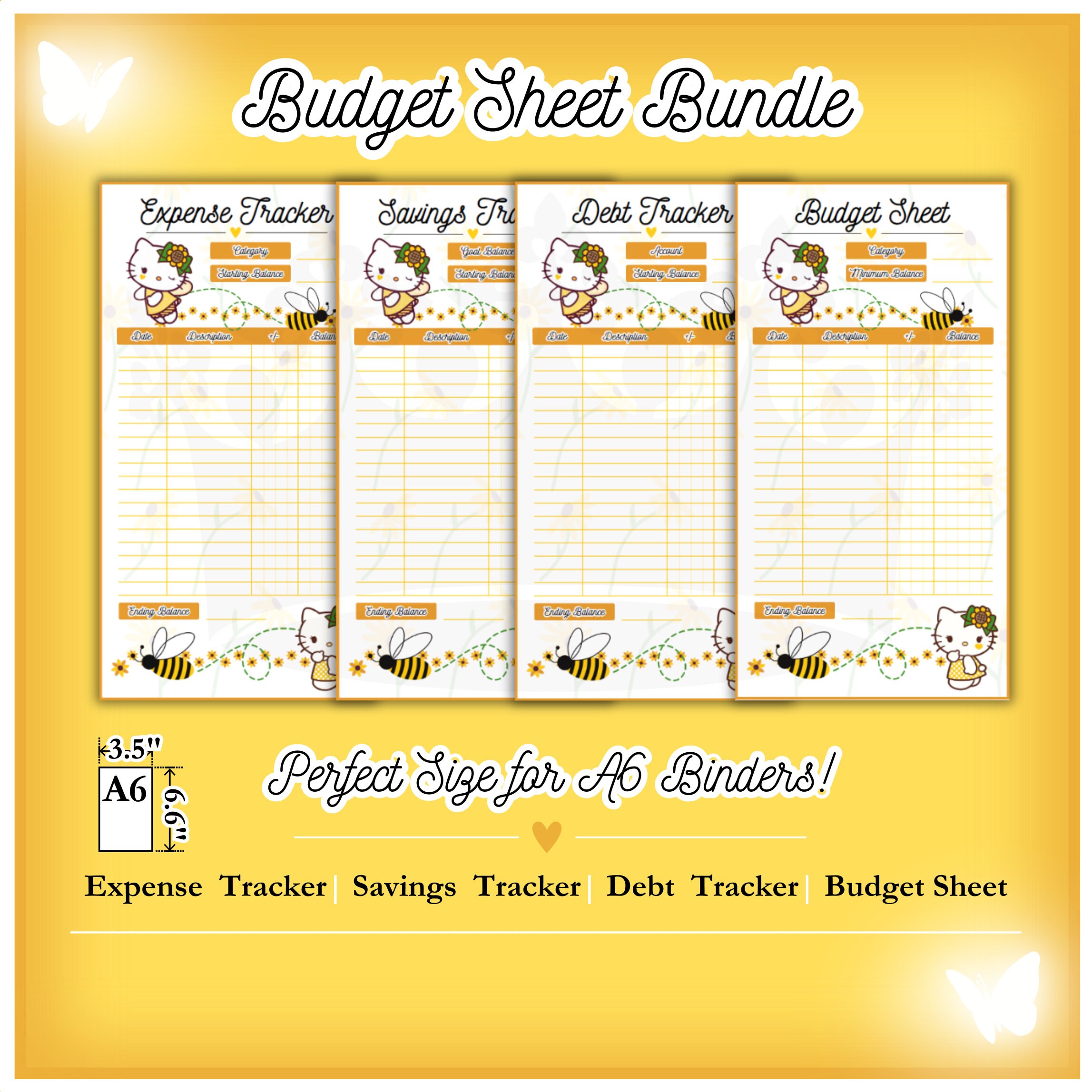Kitty Sunflower Bee Budget Basics Bundle | Dashboards, Budget Sheet Set, Prop Cash, Cash Slips ...