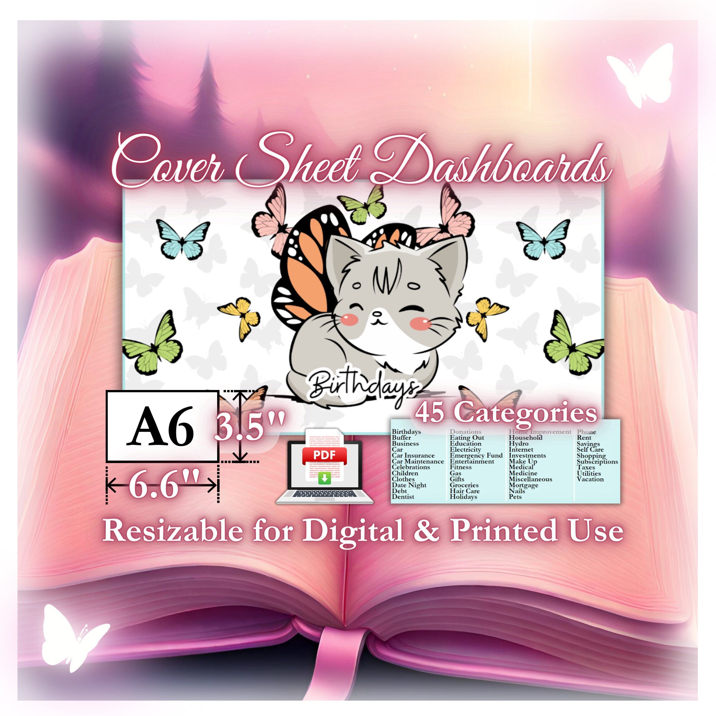 Butterfly Kitten Spring Binder Dashboard Cover Sheets 45 Cute A6 Binder ...