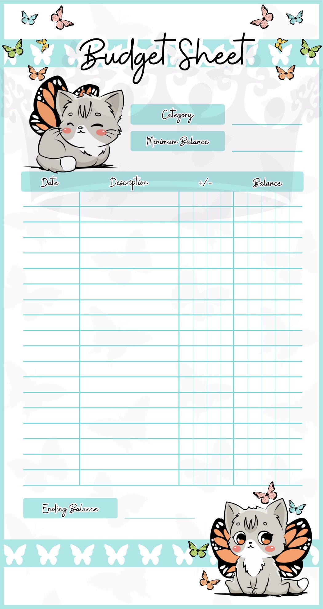 Butterfly Kitten Budget Sheet Dashboard Set Expense, Budget, Debt and ...