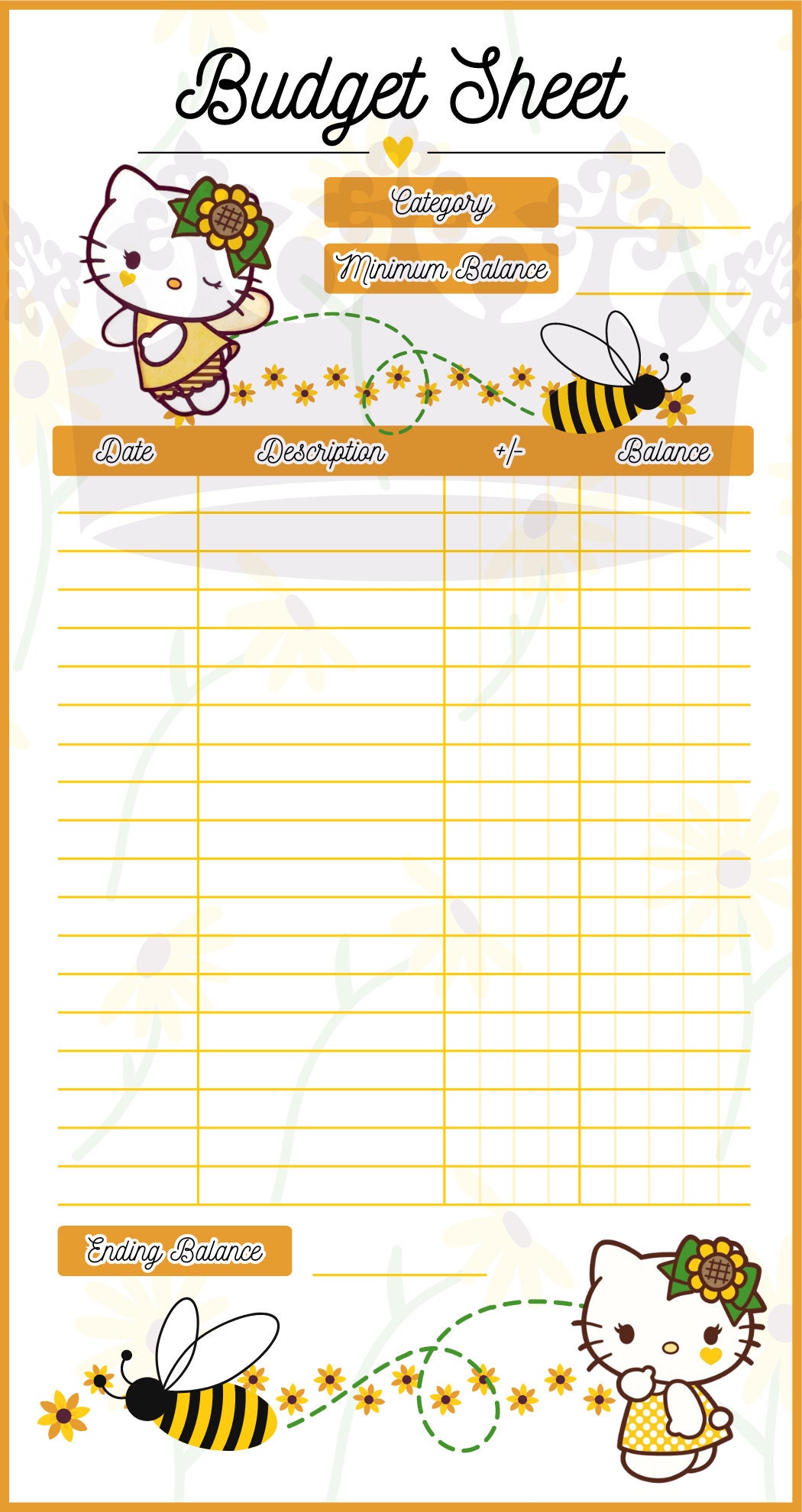 Kitty Sunflower Bee Budget Sheet Dashboard Set | Expense, Budget, Debt ...