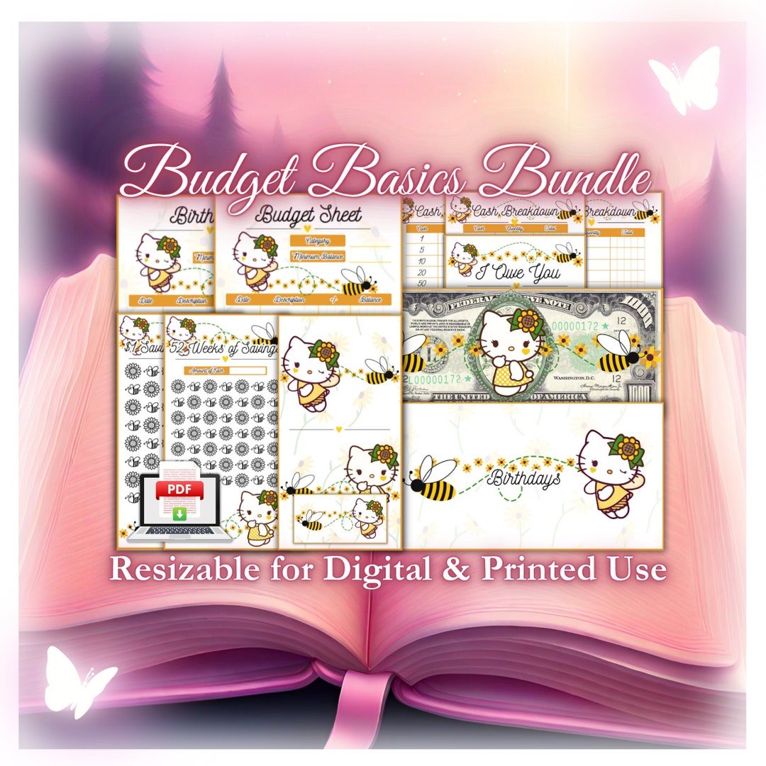 Kitty Sunflower Bee Budget Basics Bundle | Dashboards, Budget Sheet Set, Prop Cash, Cash Slips ...