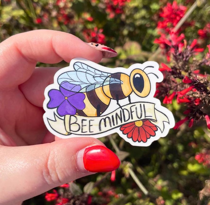 Bee Mindful - Bee With Flowers Sticker - Etsy
