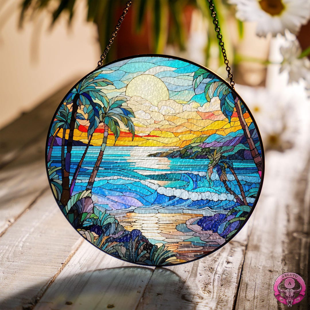 Beach Sunset Stained Glass, Suncatcher Window Hanging, Wave Glass Decor ...
