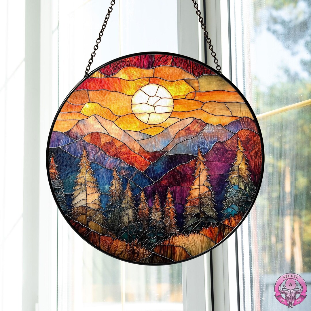 Sunset Mountain Suncatcher, Window Stained Glass Style, Window Hanging ...