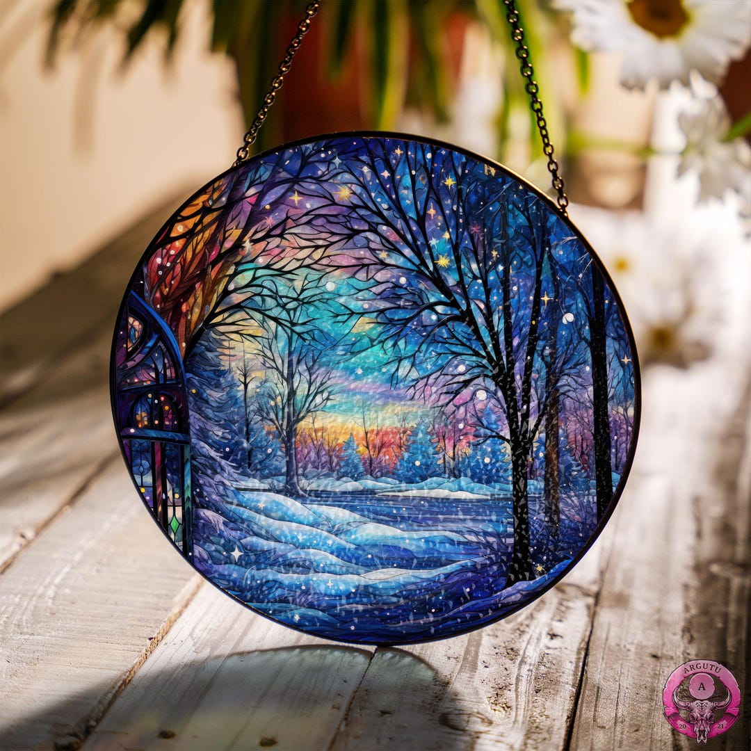 Winter Land Stained Glass Suncatcher, Winter Season, Christmas Tree ...