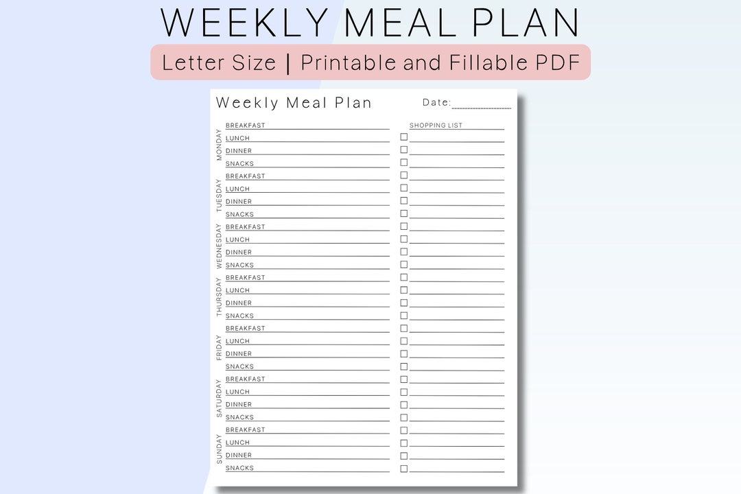 Weekly Meal Planner: Printable Food Diary (letter Size, PDF) - Etsy ...