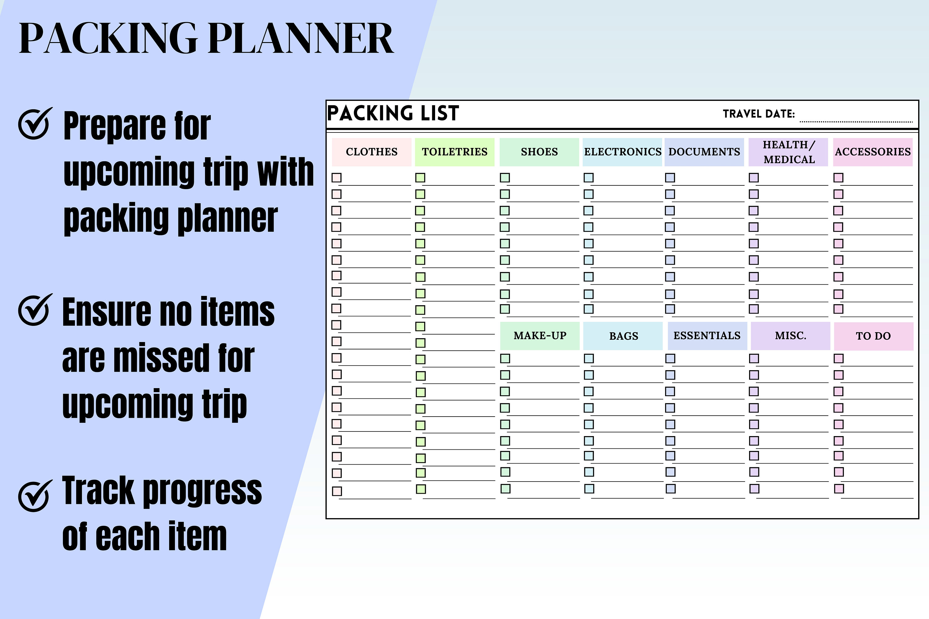 Editable Packing List Planner, Packing Checklist, Packing List Schedule ...