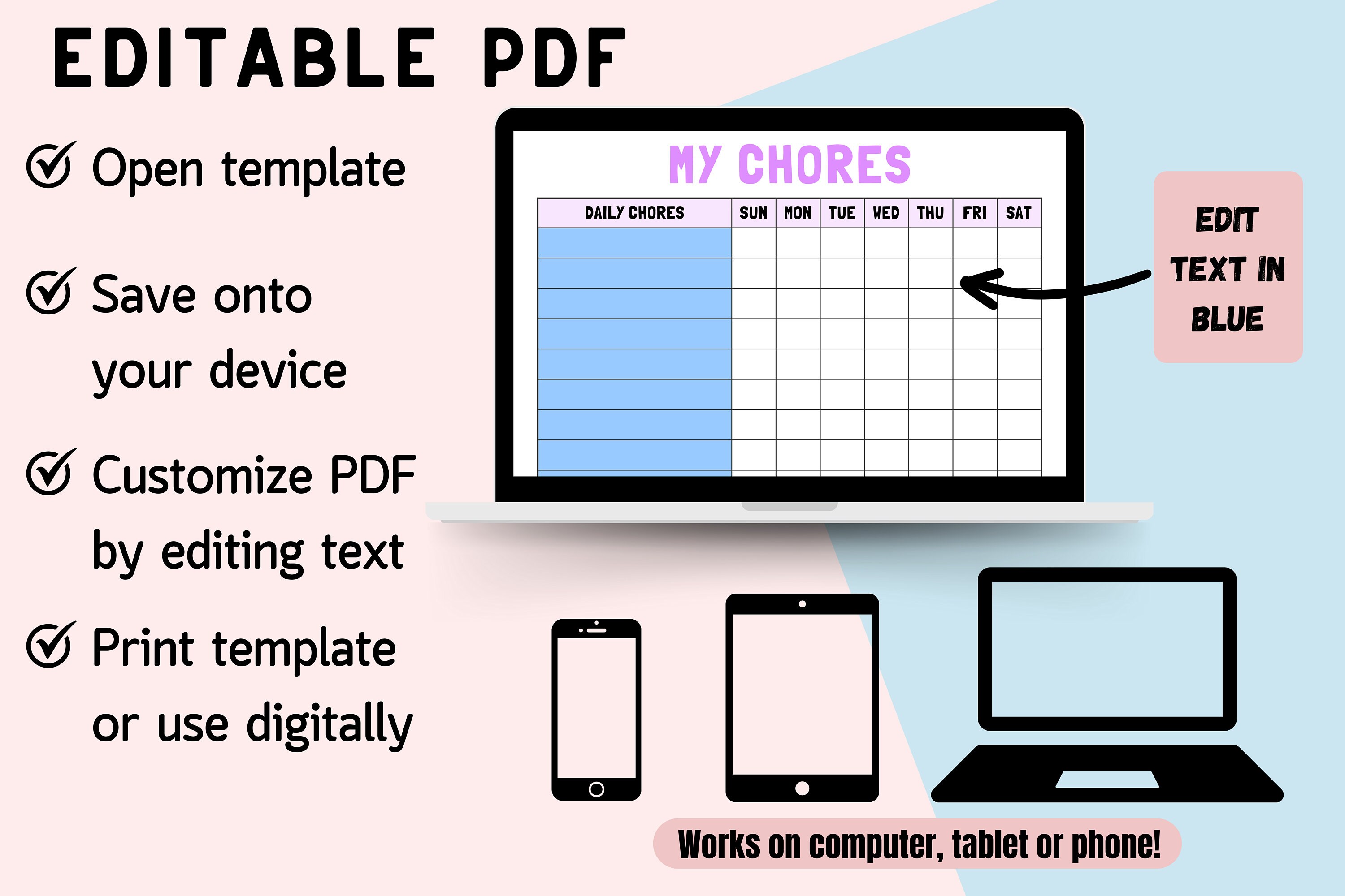 Editable Weekly Chore Chart, Printable Weekly Kids Chore Responsibility ...