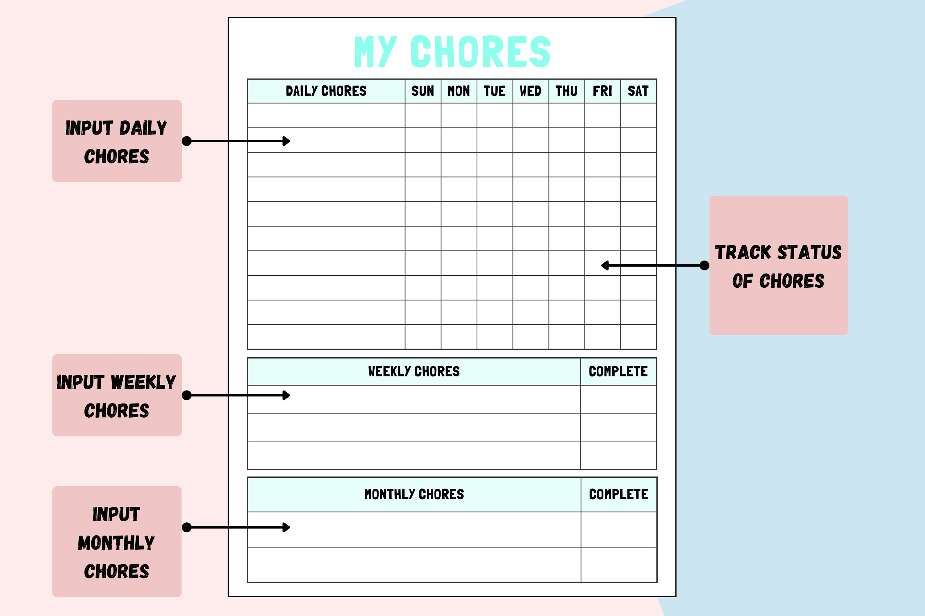 Editable Weekly Chore Chart, Printable Weekly Kids Chore Responsibility ...