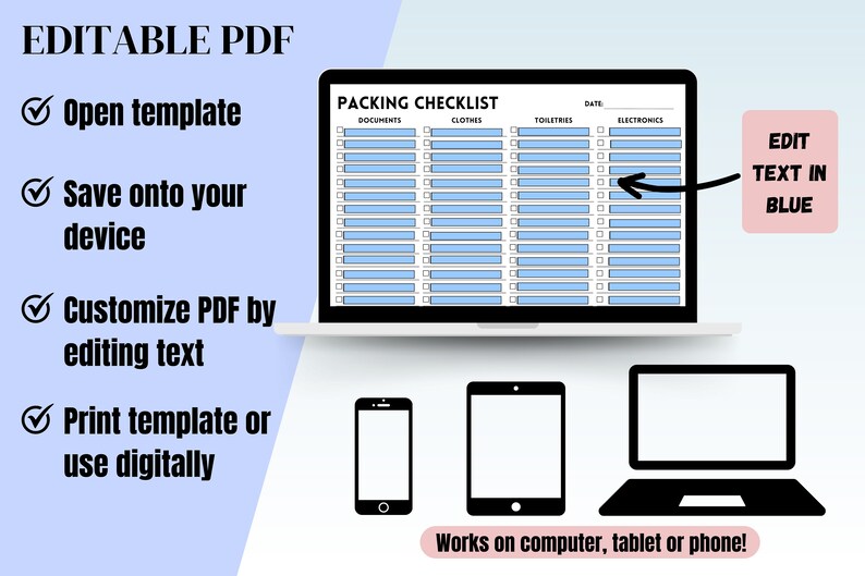 Editable Packing List Planner: Travel Checklist (PDF) - Etsy