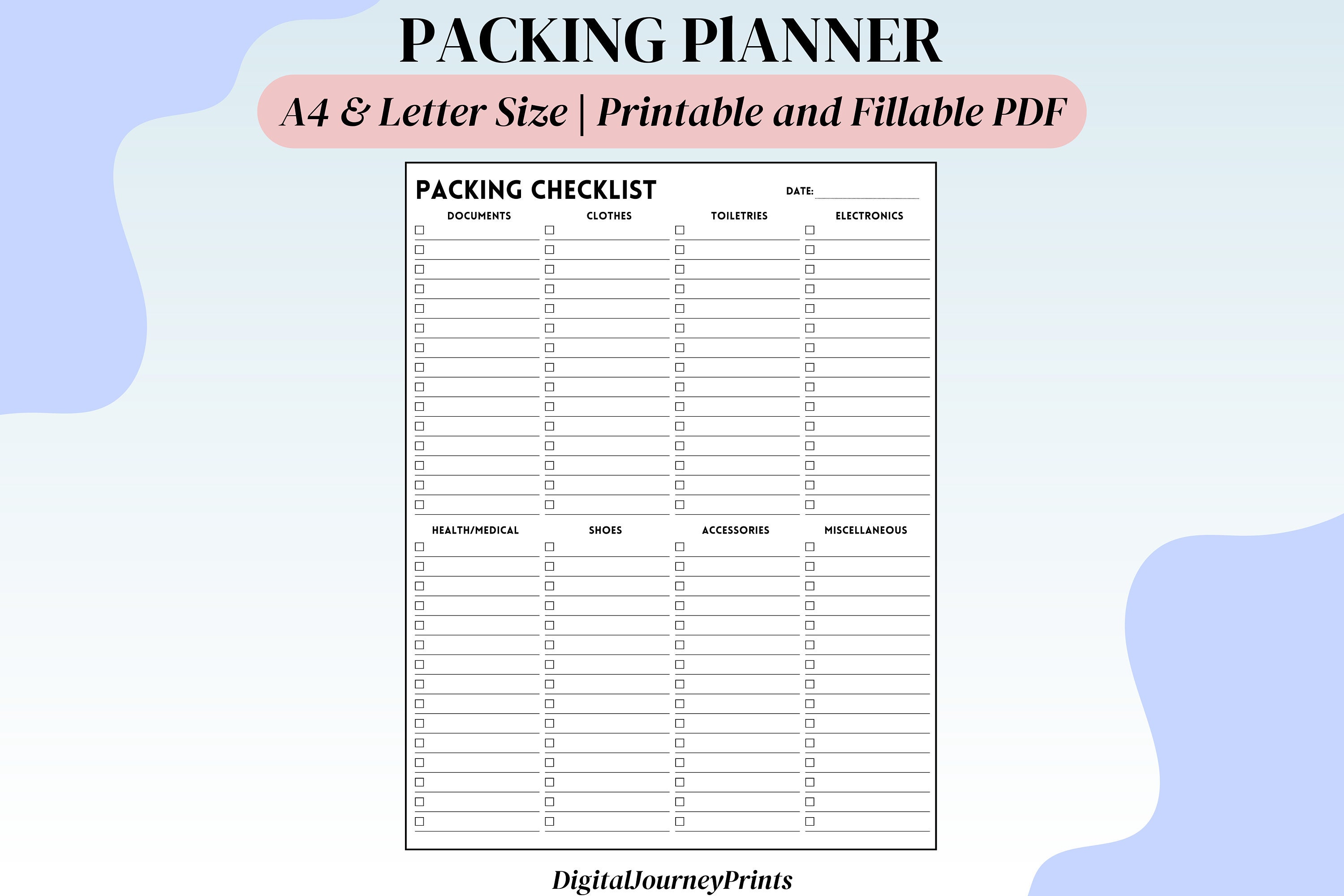 Editable Packing List Planner, Packing Checklist, Packing List Schedule ...