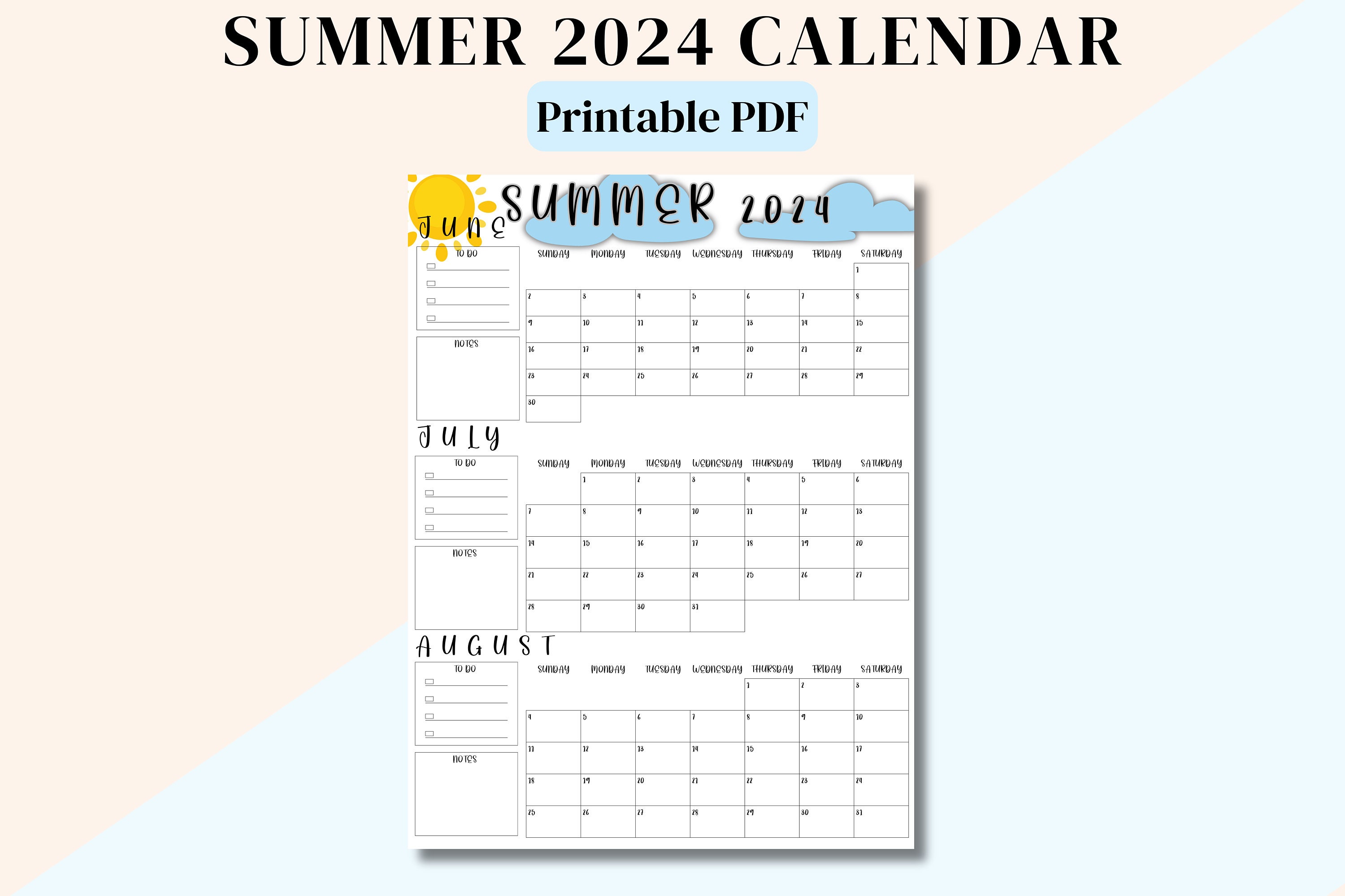 Printable Summer Calendar Poster, Summer Activities Calendar, Summer ...