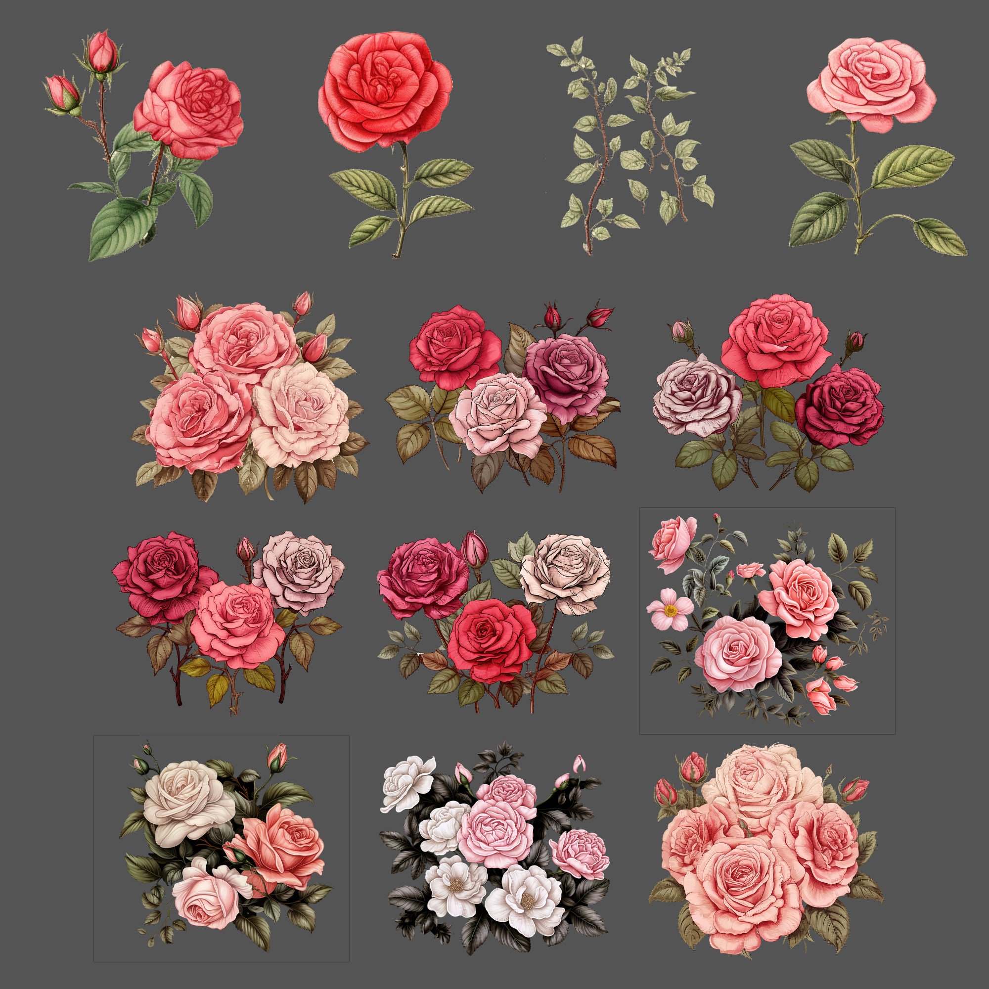 95 Rose Floral Clipart Floral Art Flower Collectible Rose Art Bundle - Etsy