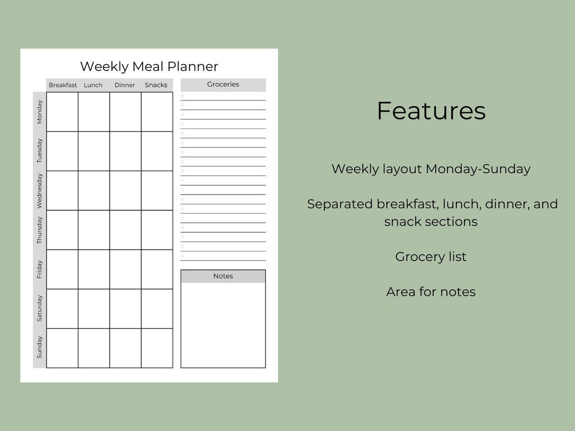 Printable Simple Weekly Meal Planner With Grocery List Portrait Letter ...