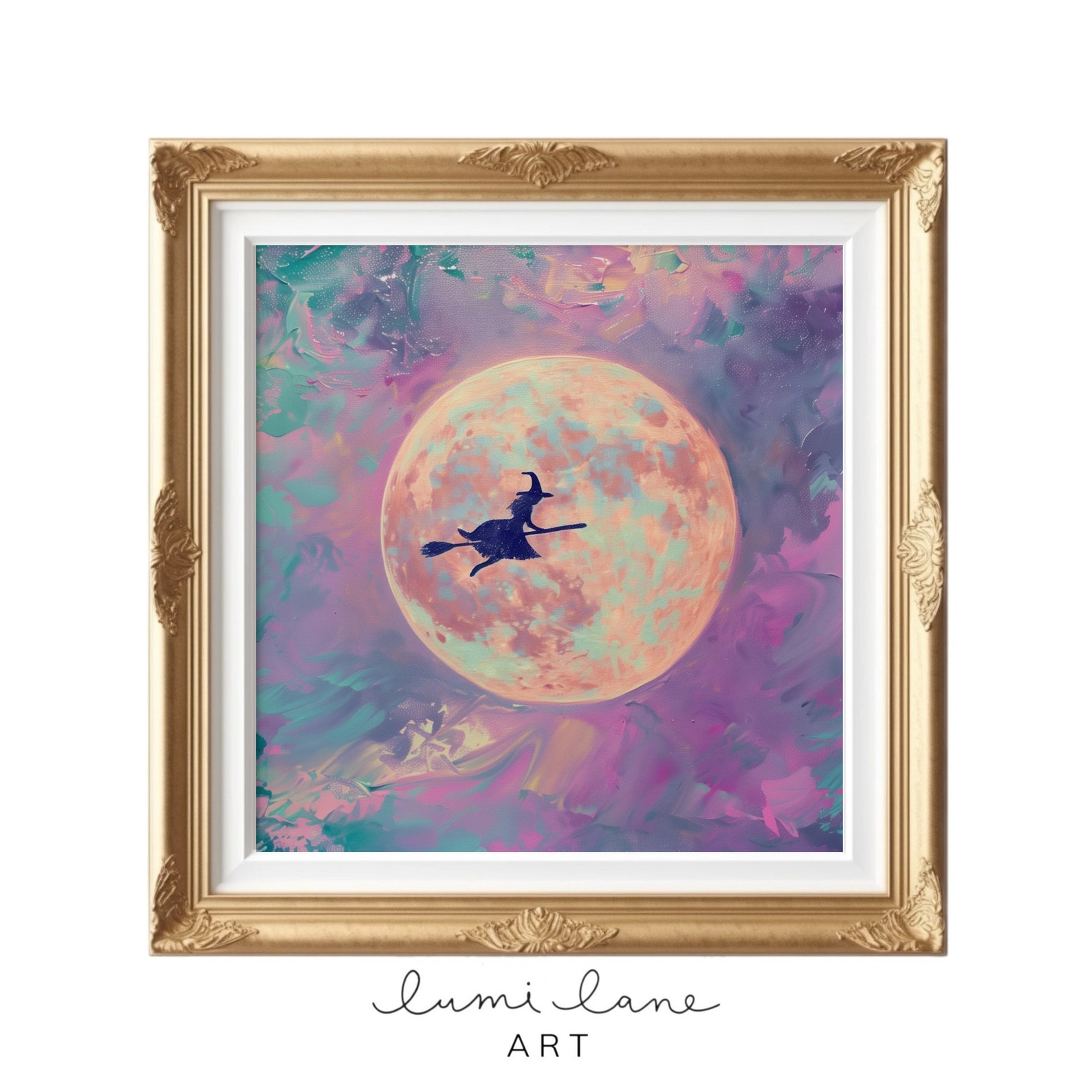 Halloween Full Moon Witch Art - Oil Painting Texture, Colourful ...