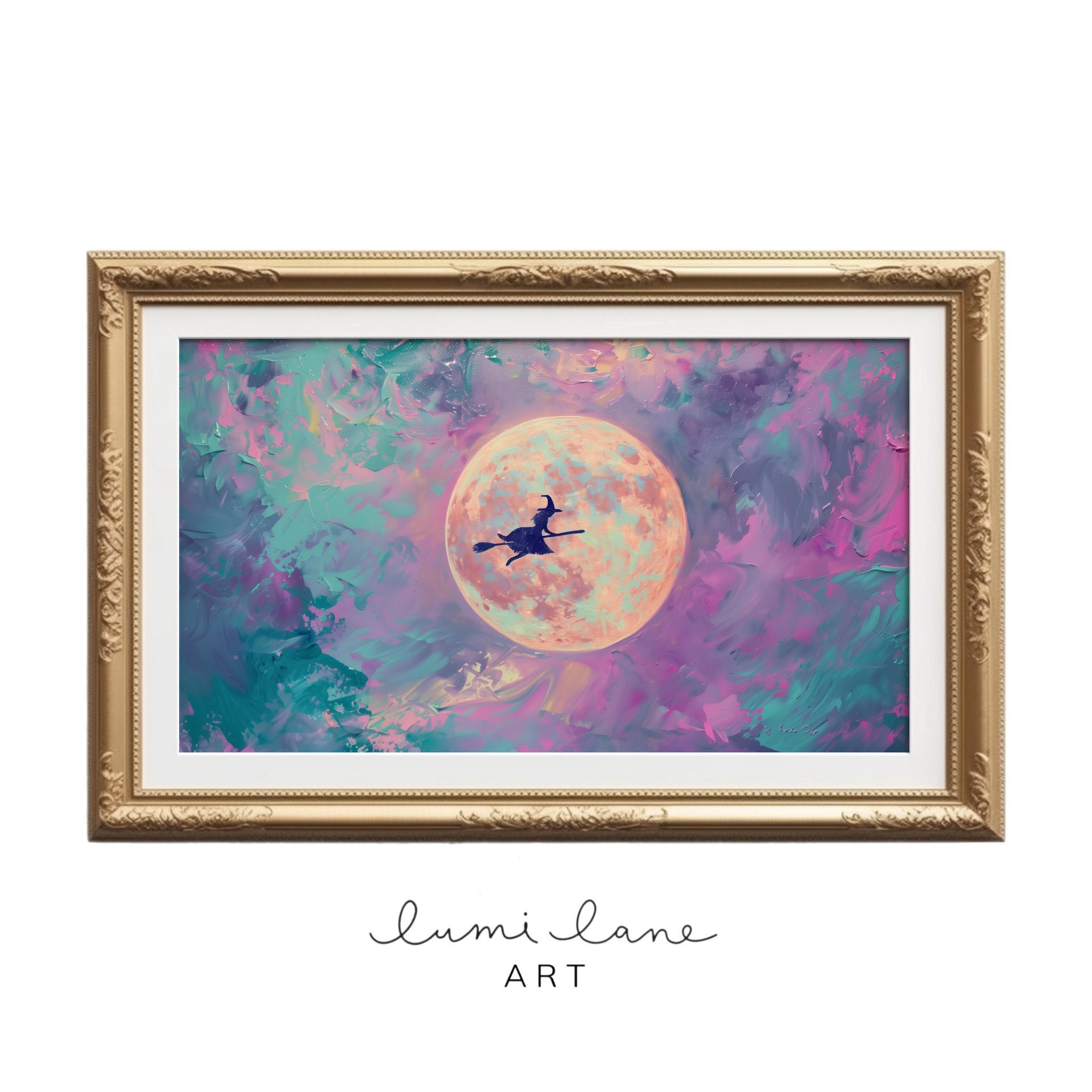 Halloween Full Moon Witch Art - Oil Painting Texture, Colourful ...