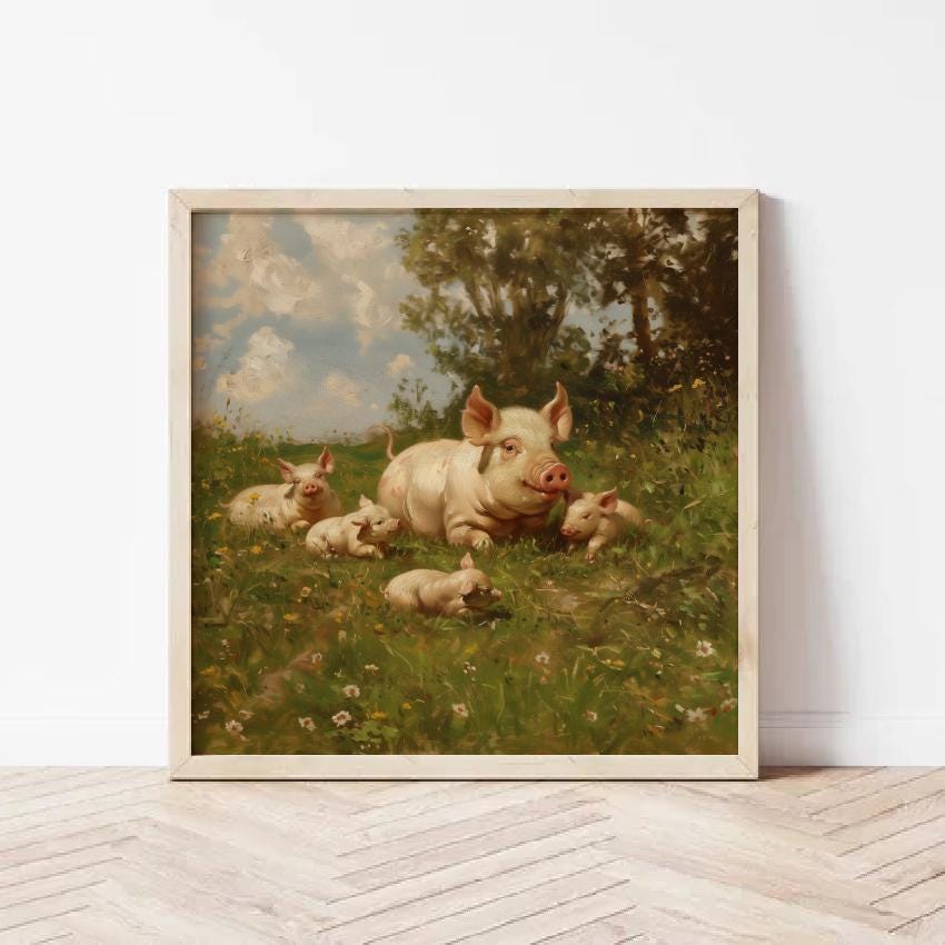 Vintage Pig Art - Farmyard, Barnyard, Piglets, Wall Art, Original ...