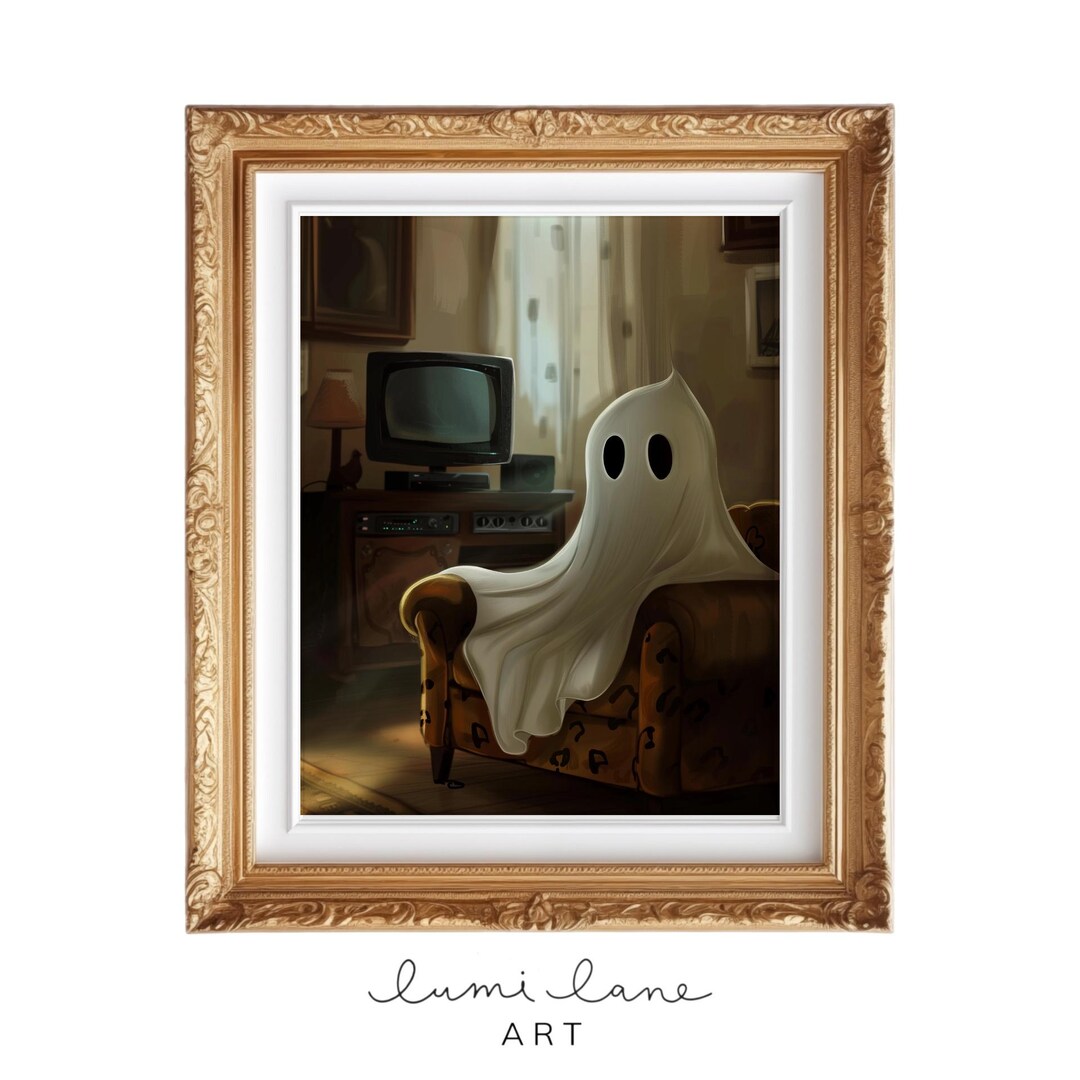 Ghost Watching TV - PRINTABLE Halloween Art, Cute Ghosts Doing Everyday ...