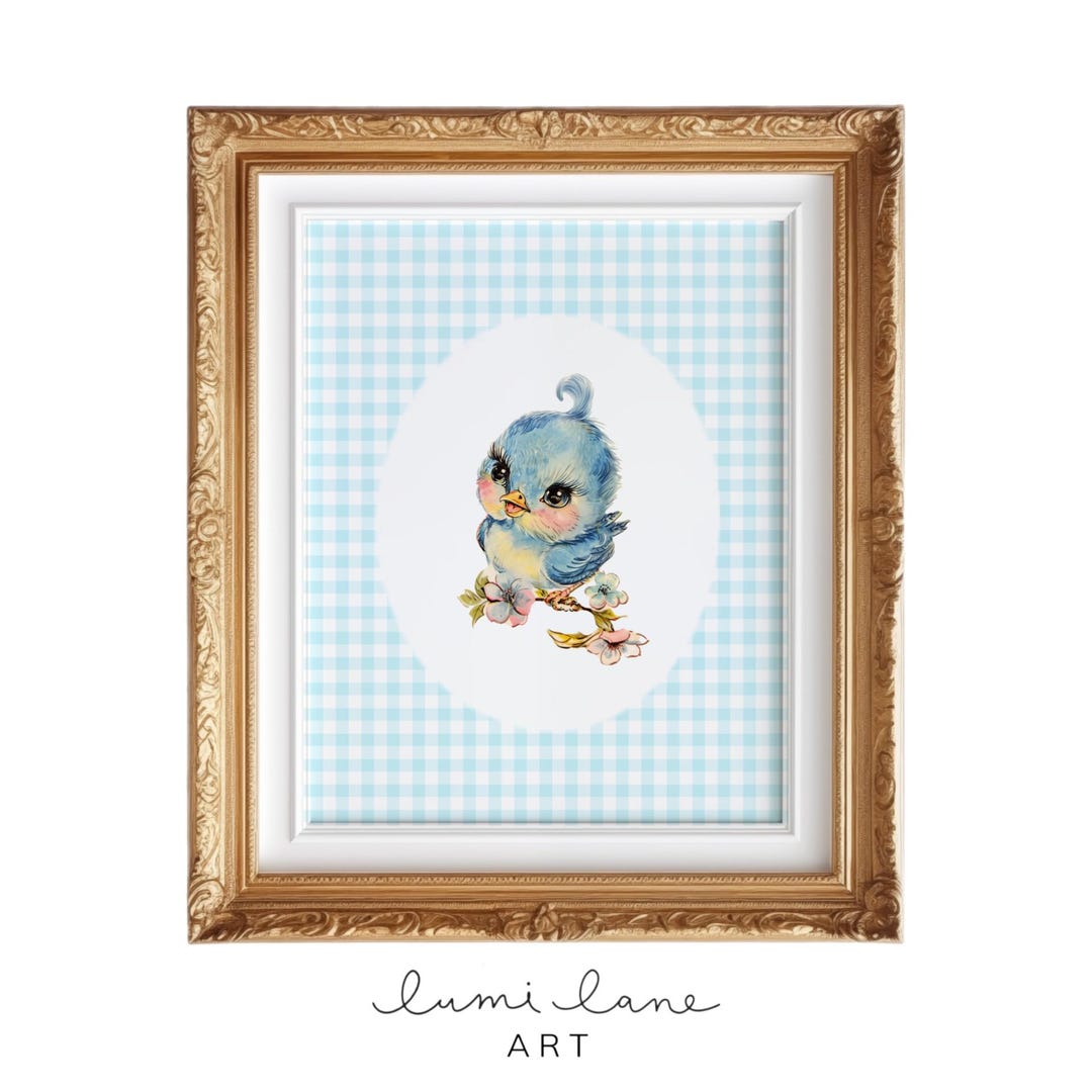 Gingham Bluebird Art - PRINTABLE Blue, Pink, Yellow and Green Nursery ...