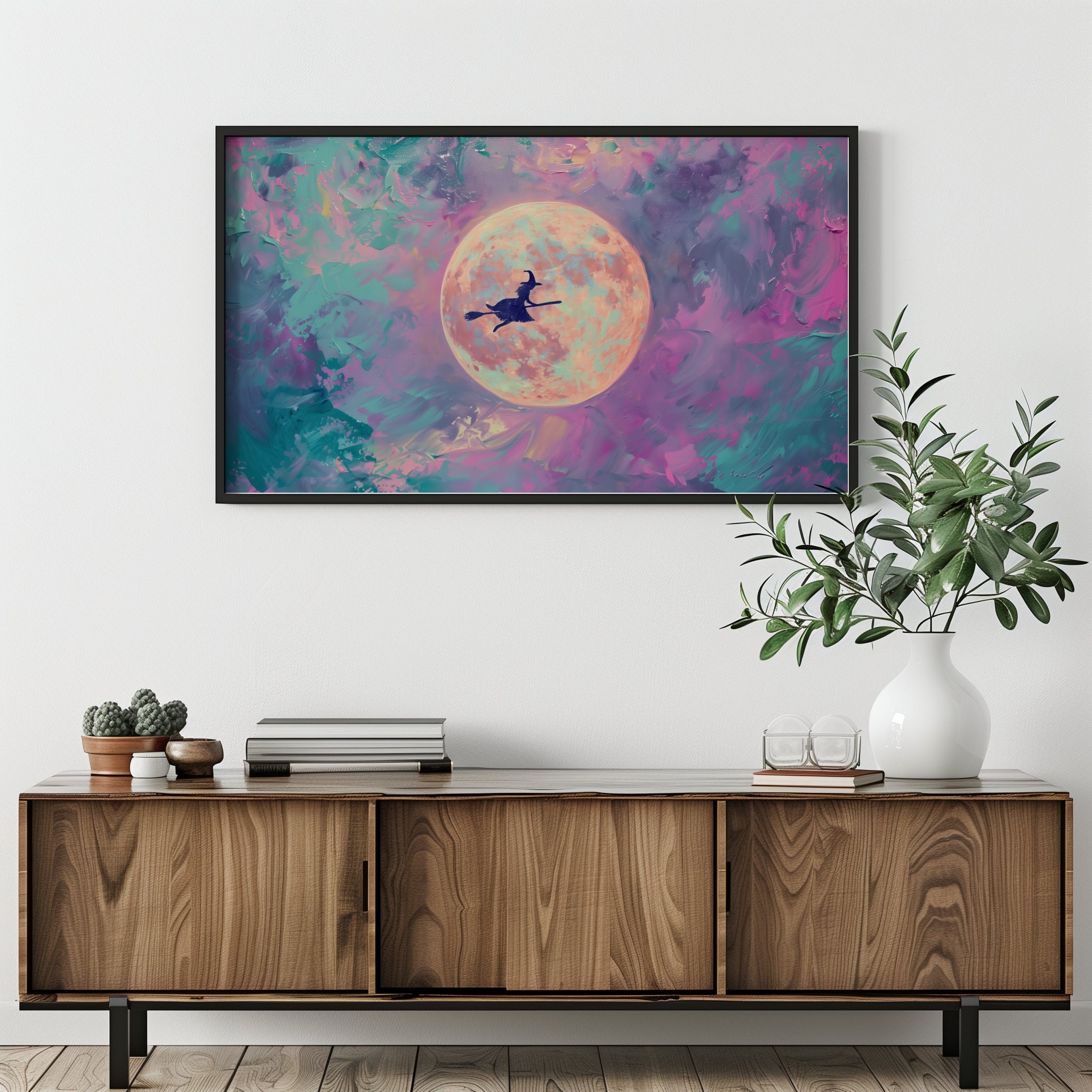 Halloween Full Moon Witch Art - Oil Painting Texture, Colourful ...