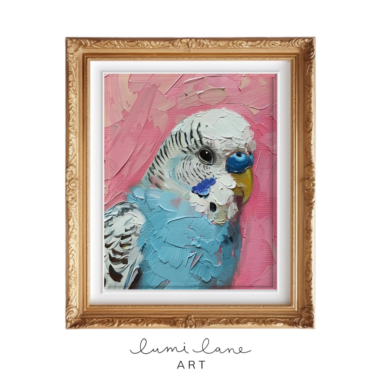 Budgie Portrait Art - Blue Budgerigar, Pink Background, Square and ...