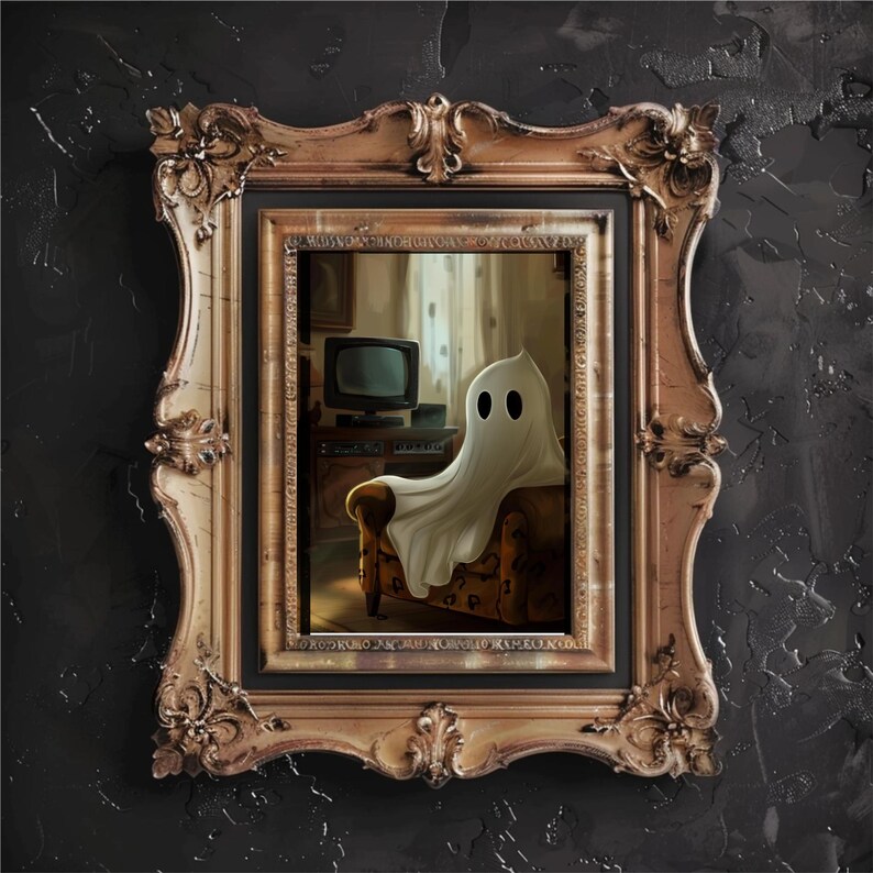 Ghost Watching TV - PRINTABLE Halloween Art, Cute Ghosts Doing Everyday ...