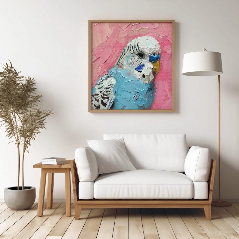 Budgie Portrait Art - Blue Budgerigar, Pink Background, Square and ...
