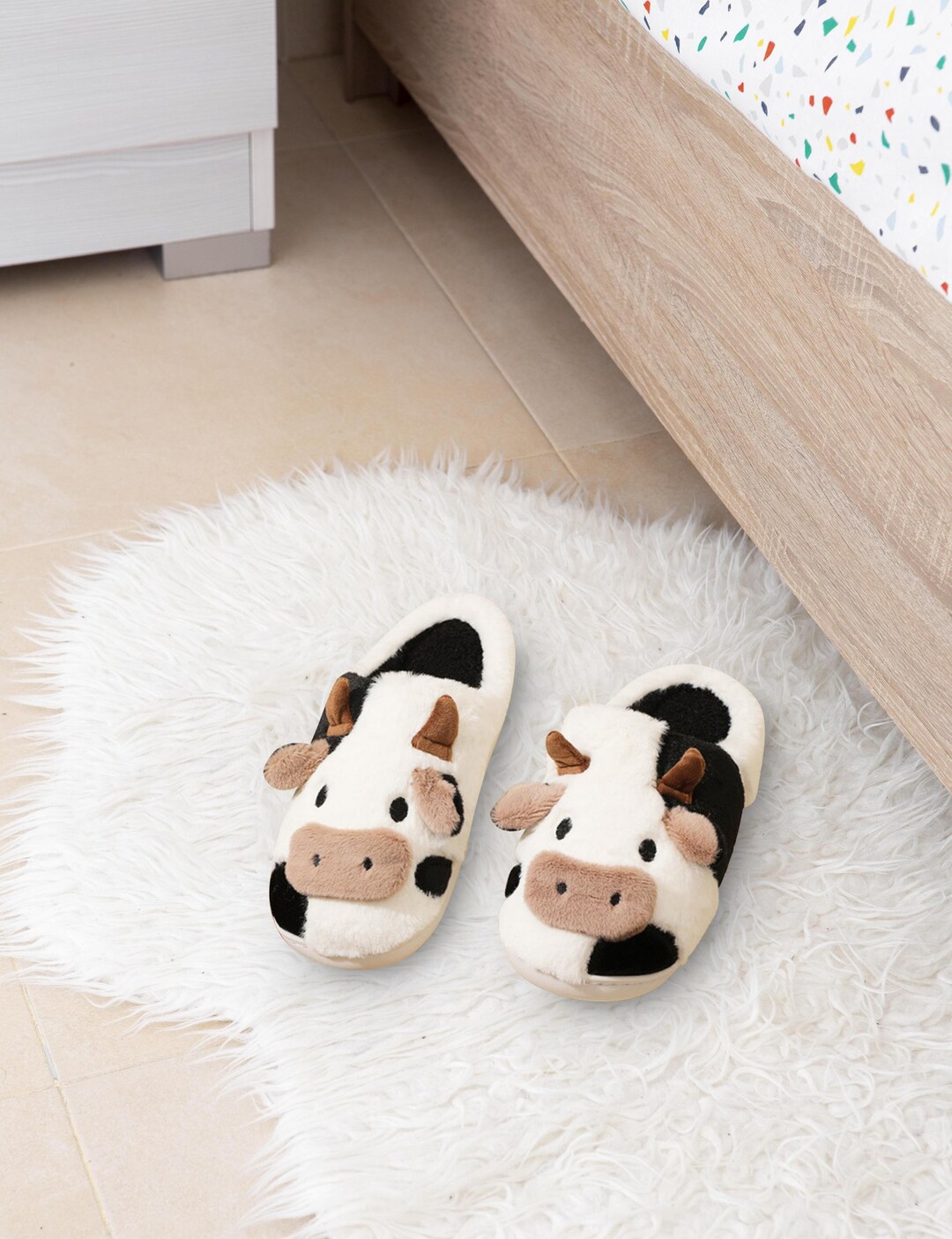 Comfy & Cute Cow House Slippers Fluffy Women Slides Fuzzy Soft Slippers ...