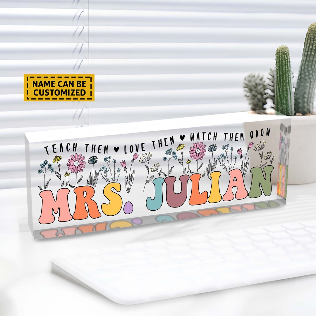Floral Teacher Desk Sign, Personalized Teacher Desk Plate, Teacher Gift ...
