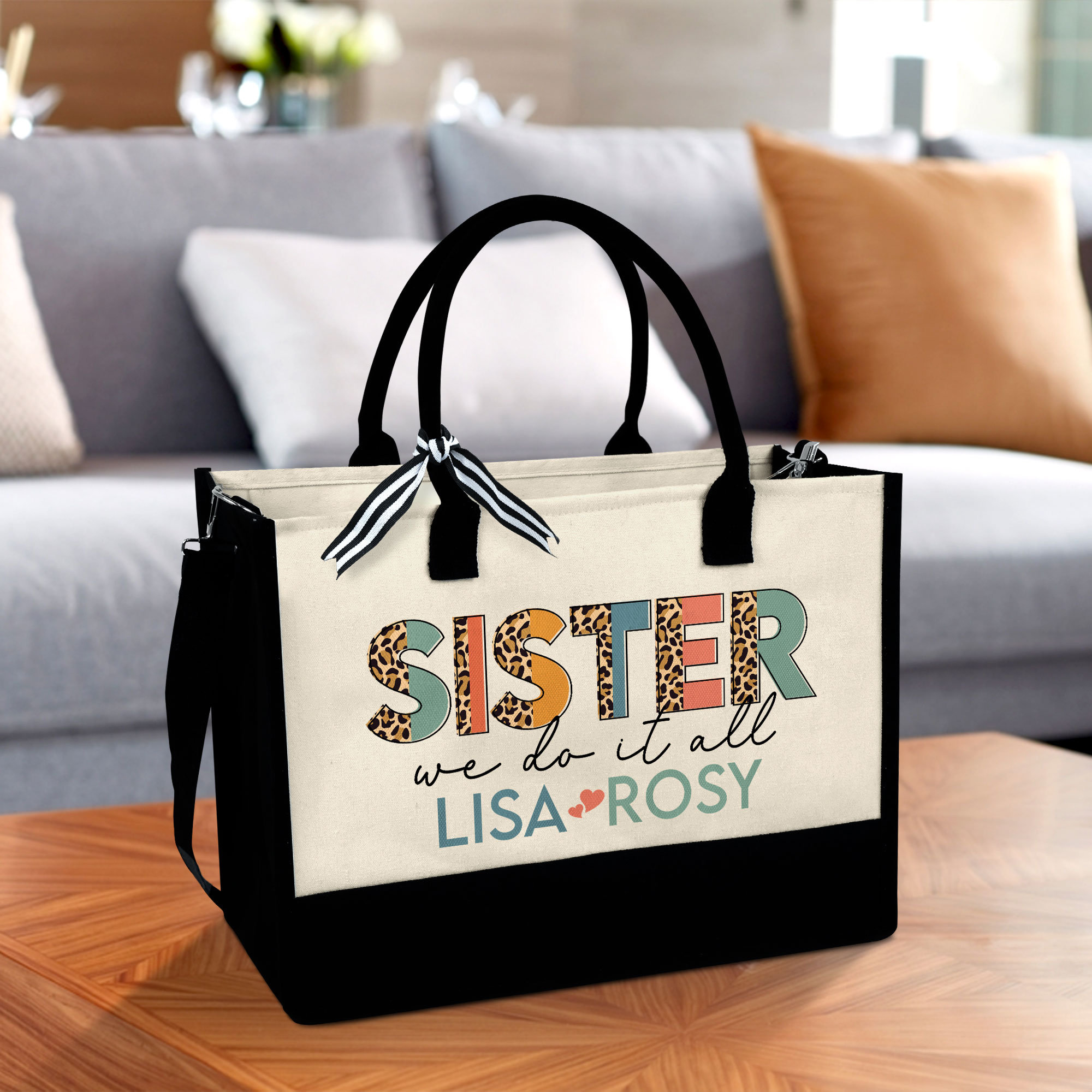 Sister Leopard Rainbow Tote Bag, Gift for Sister, Big Sister Bag, Custom Sister Bag, Siblings ...