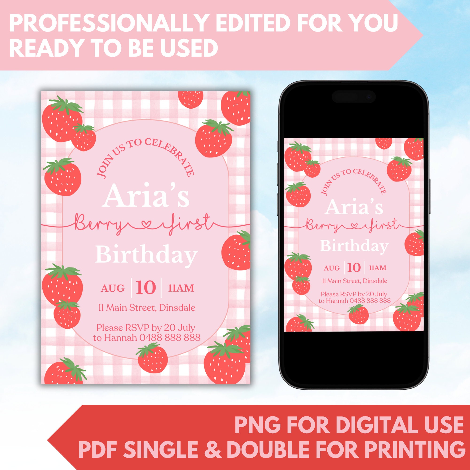 Berry First Birthday Invitation | Custom Design | Editable | Print or ...