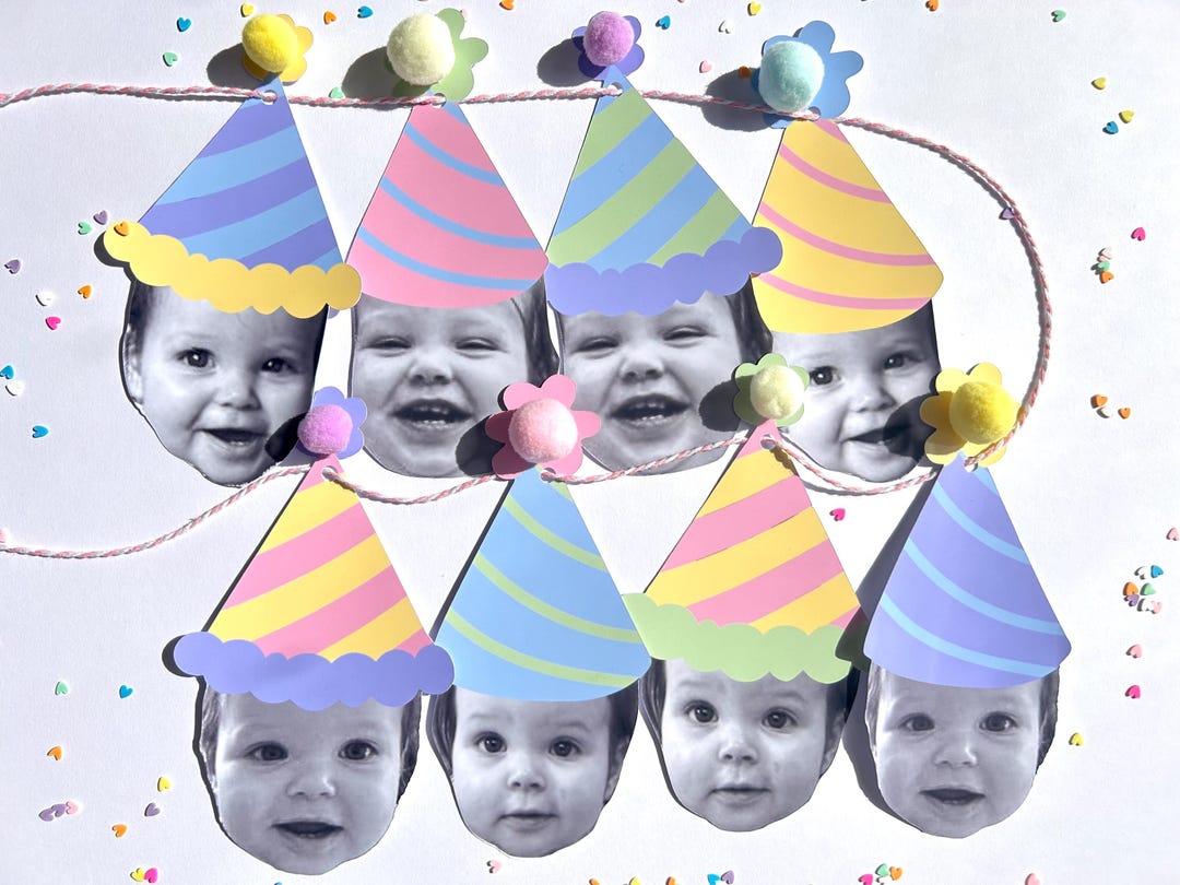 Custom Photo Party Hat Banner | Pastel Colors, Pom Poms - Etsy
