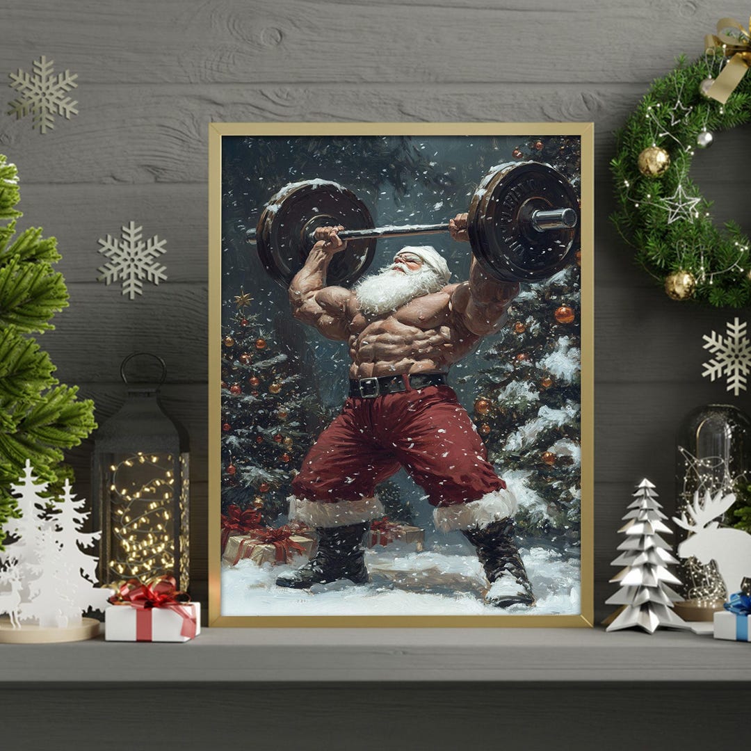Muscle Santa Clause Poster & Canvas, Santa Weightlifting Christmas Wall ...