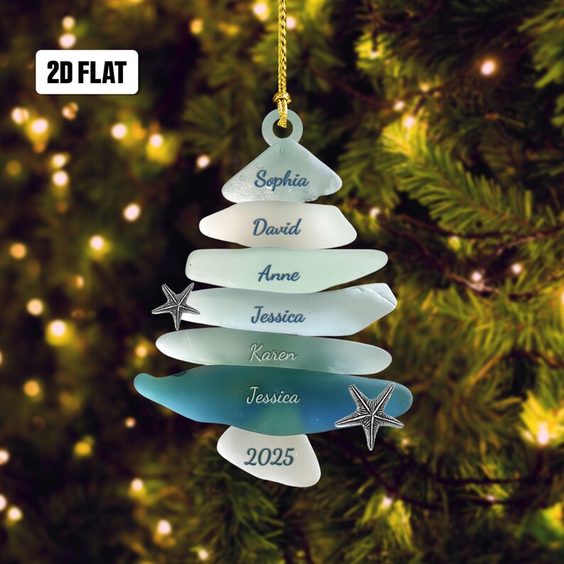 Personalized Sea Glass Family Tree 2D Flat Ornament, Custom Big Family ...