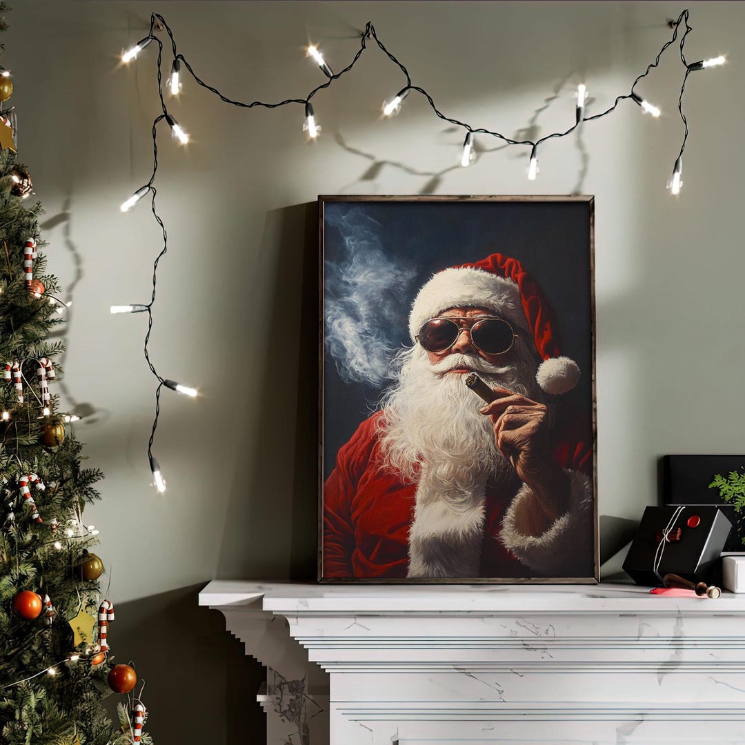 Santa Relaxing With Cigar Christmas Art Print, Funny Santa Poster for ...