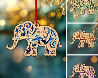 Personalized Elephant Layered Wood Ornament, Custom Elephant Christmas ...