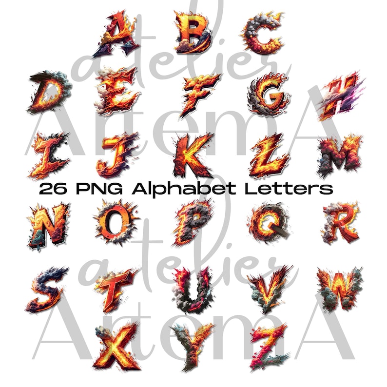 A-Z Fiery Comic Letter Set | 26 PNG Alphabet Letters | Explosive Flame ...