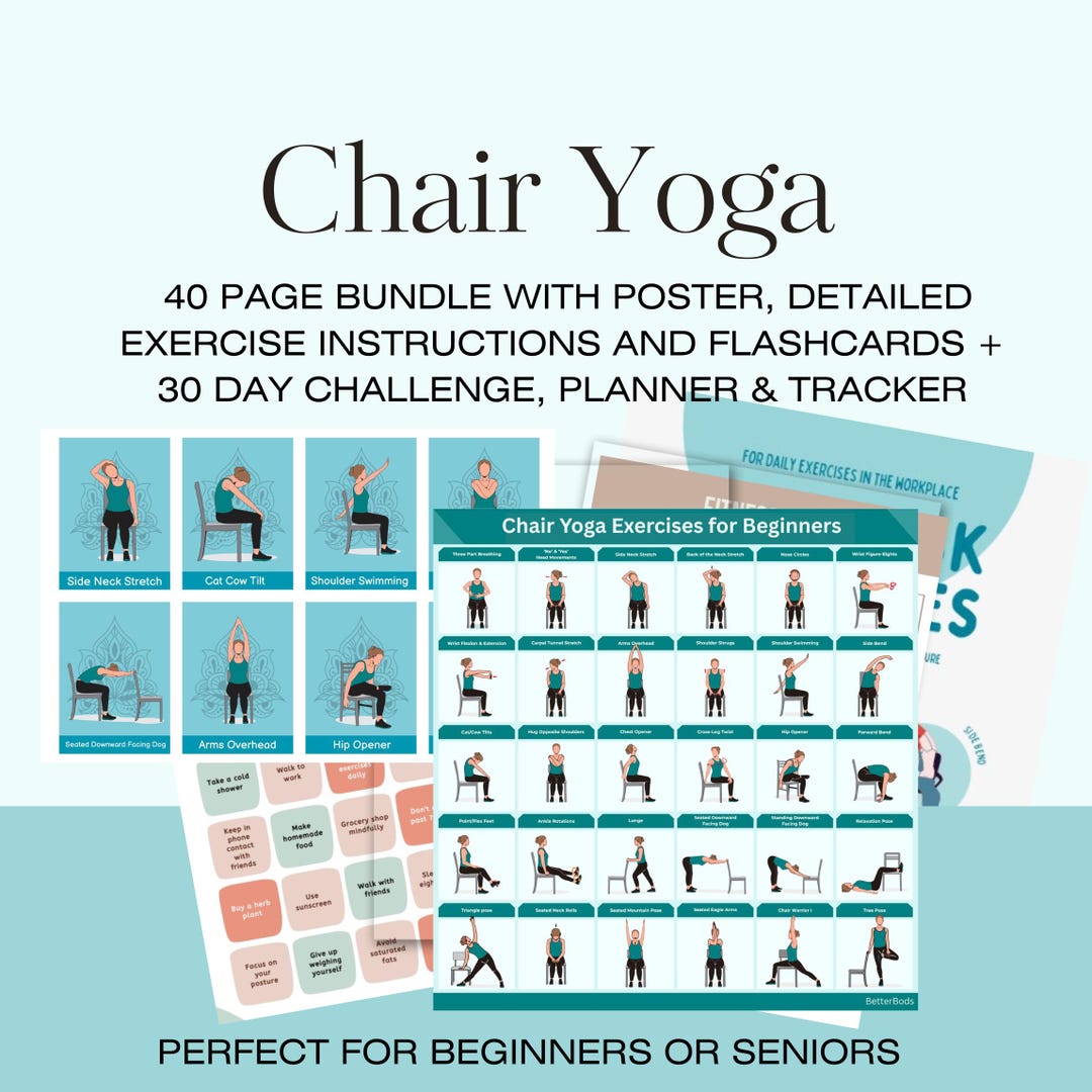 24 Chair Yoga Pose for Beginners Flashcard Card Sauna Stretch Chart 30 ...