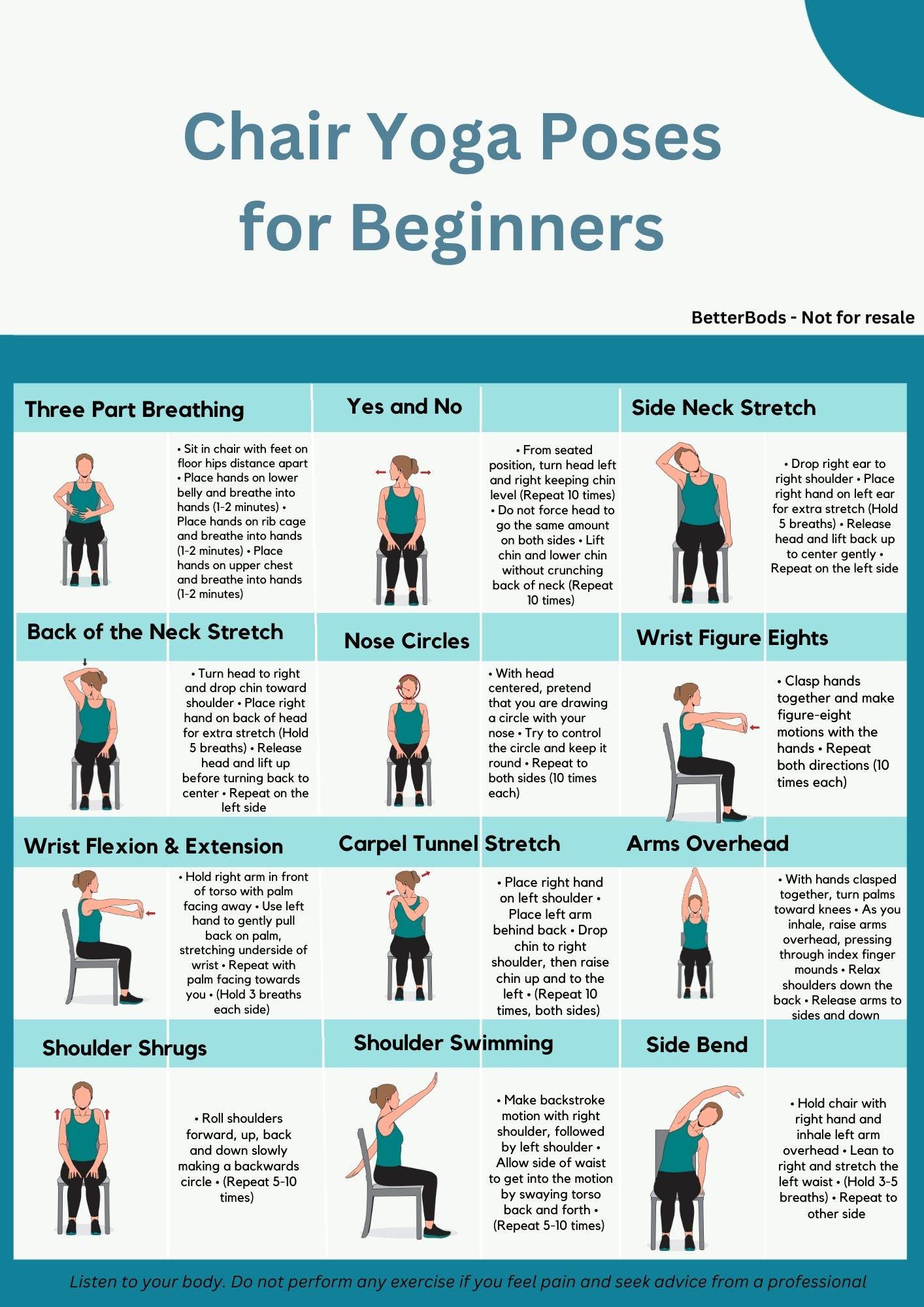 24 Chair Yoga Pose for Beginners Flashcard Card Sauna Stretch Chart 30 ...