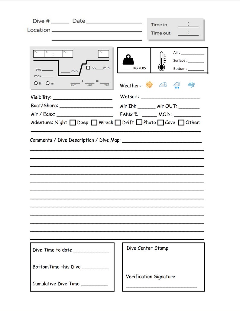 Scuba Diving Log Sheet Scuba Diving Printable Instant Download - Etsy