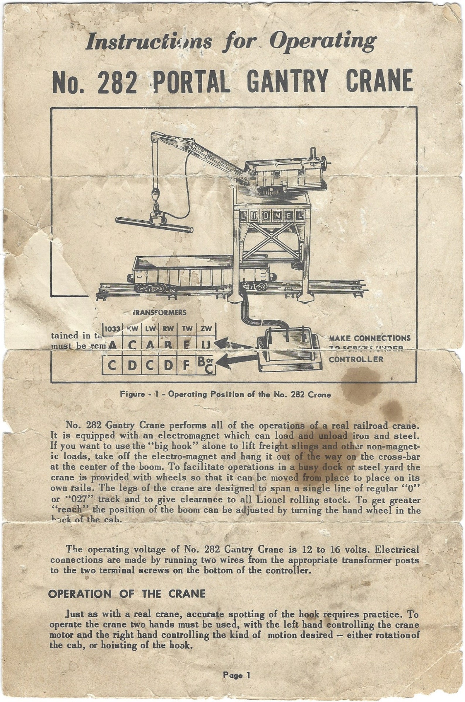 Lionel Model Instructions for 282 Portal Gantry Crane Operation User ...