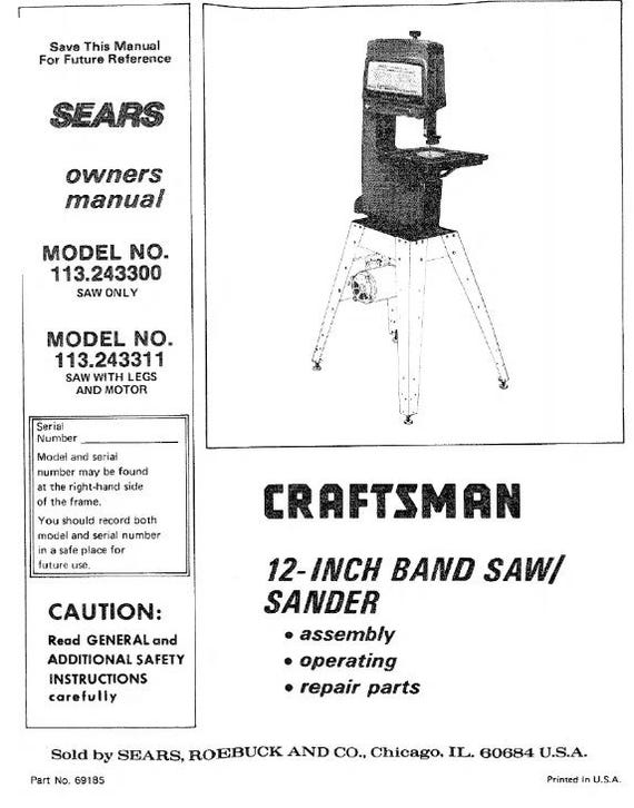 Sears Craftsman 12 Bandsaw Sander Model 113.243311 Owner Manual Handbook PDF Vintage Woodwork Instant PDF Download Etsy Australia