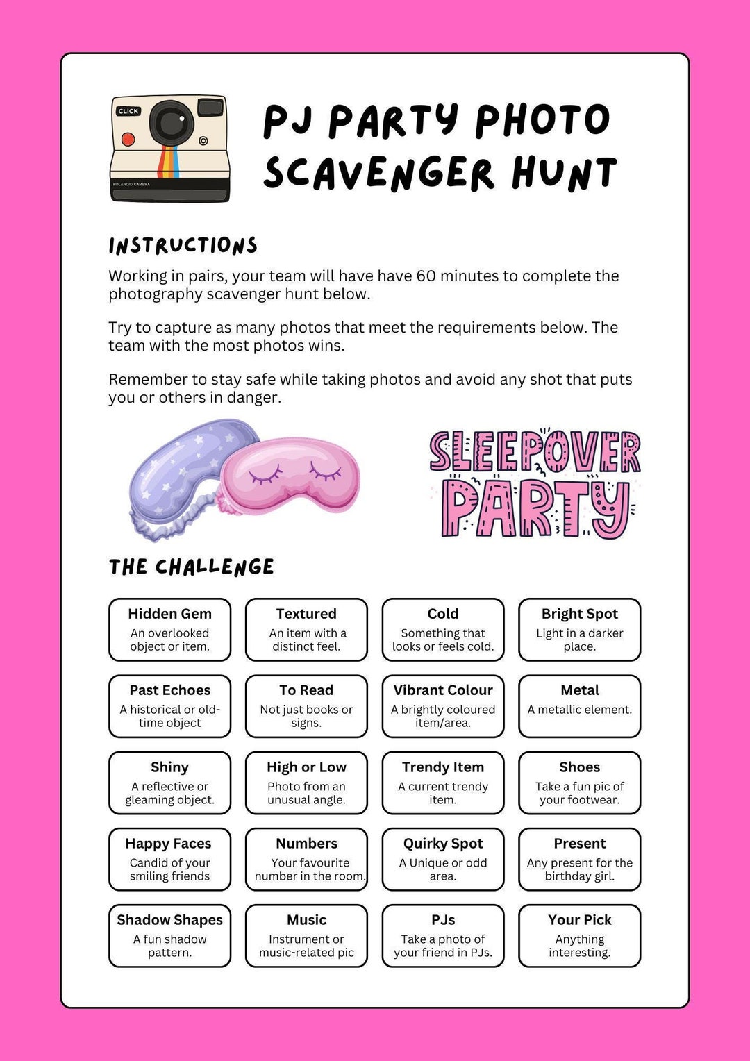 2025 Pajama Party Birthday Selfie Photo Challenge Scavenger Hunt Kids ...