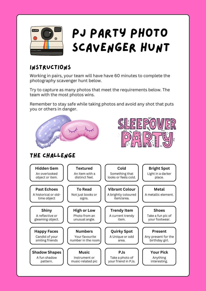 2025 Pajama Party Birthday Selfie Photo Challenge Scavenger Hunt Kids ...