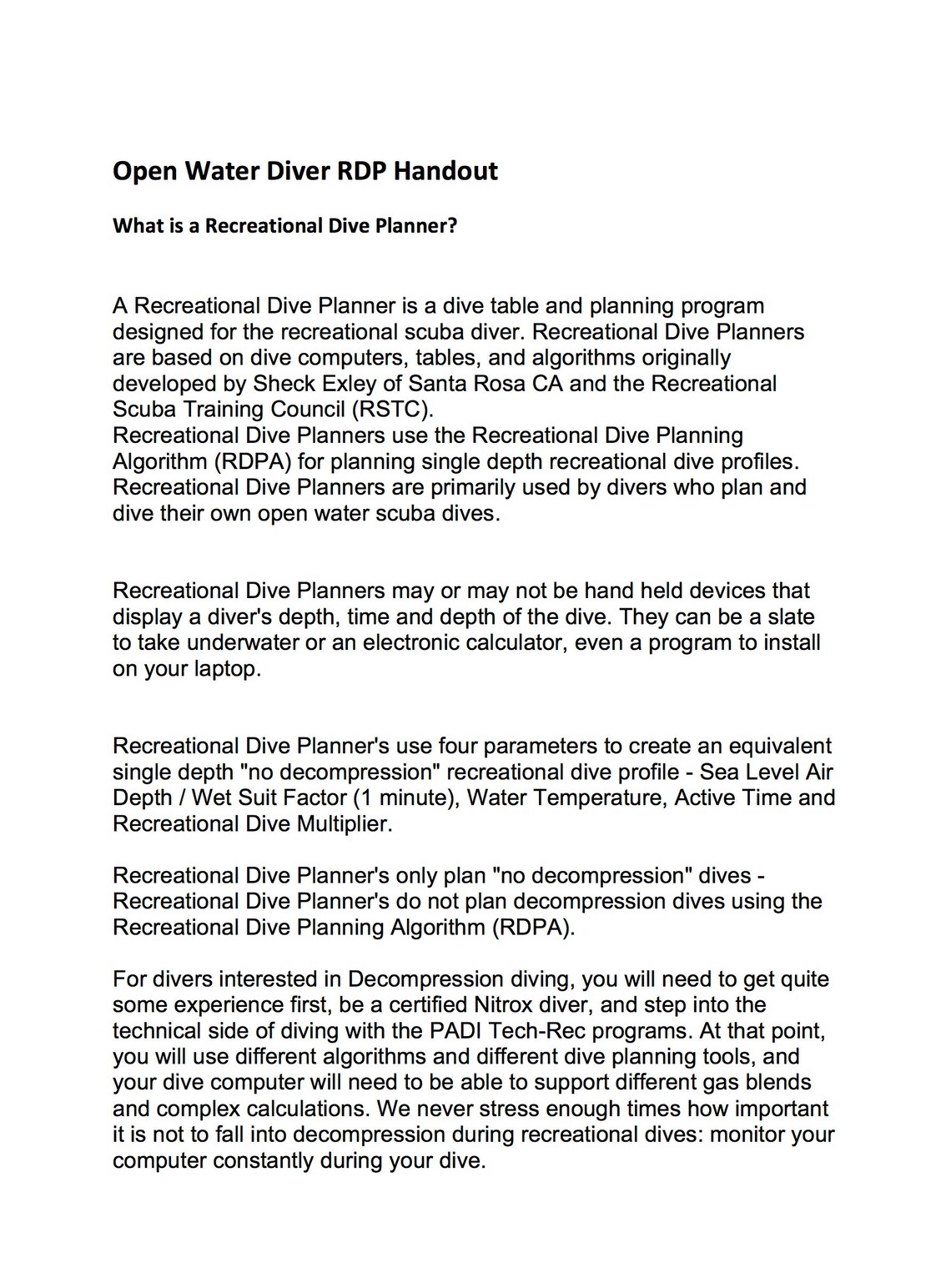 Recreational Diver Planner PADI Handout With Practise Mock Exam Test Q ...