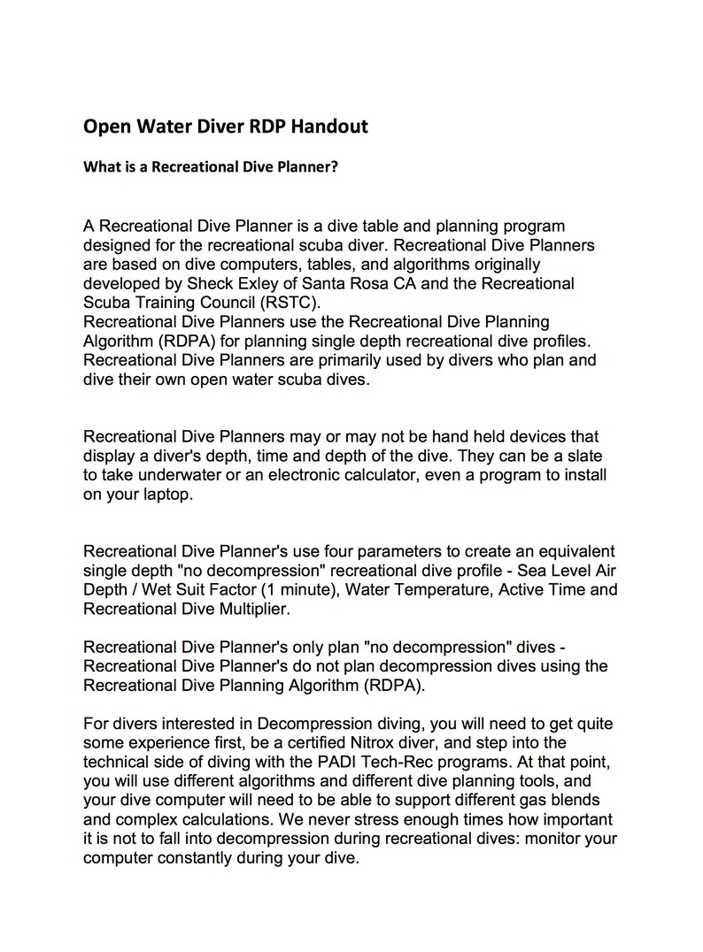 Recreational Diver Planner PADI Handout With Practise Mock Exam Test Q ...