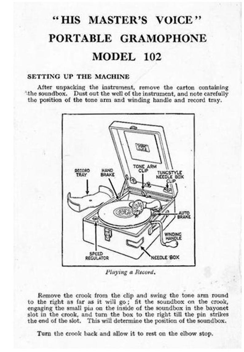 HMV 102 Portable Gramophone Instruction Leaflet Phonograph Installation ...