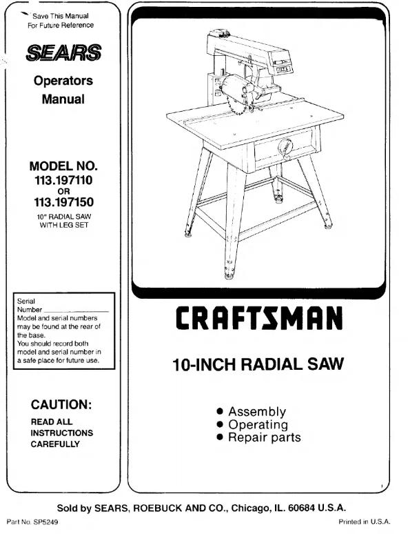 Sears Craftsman 10" 12" Radial Arm Saw 113.196120 113.197110 113.197150 ...